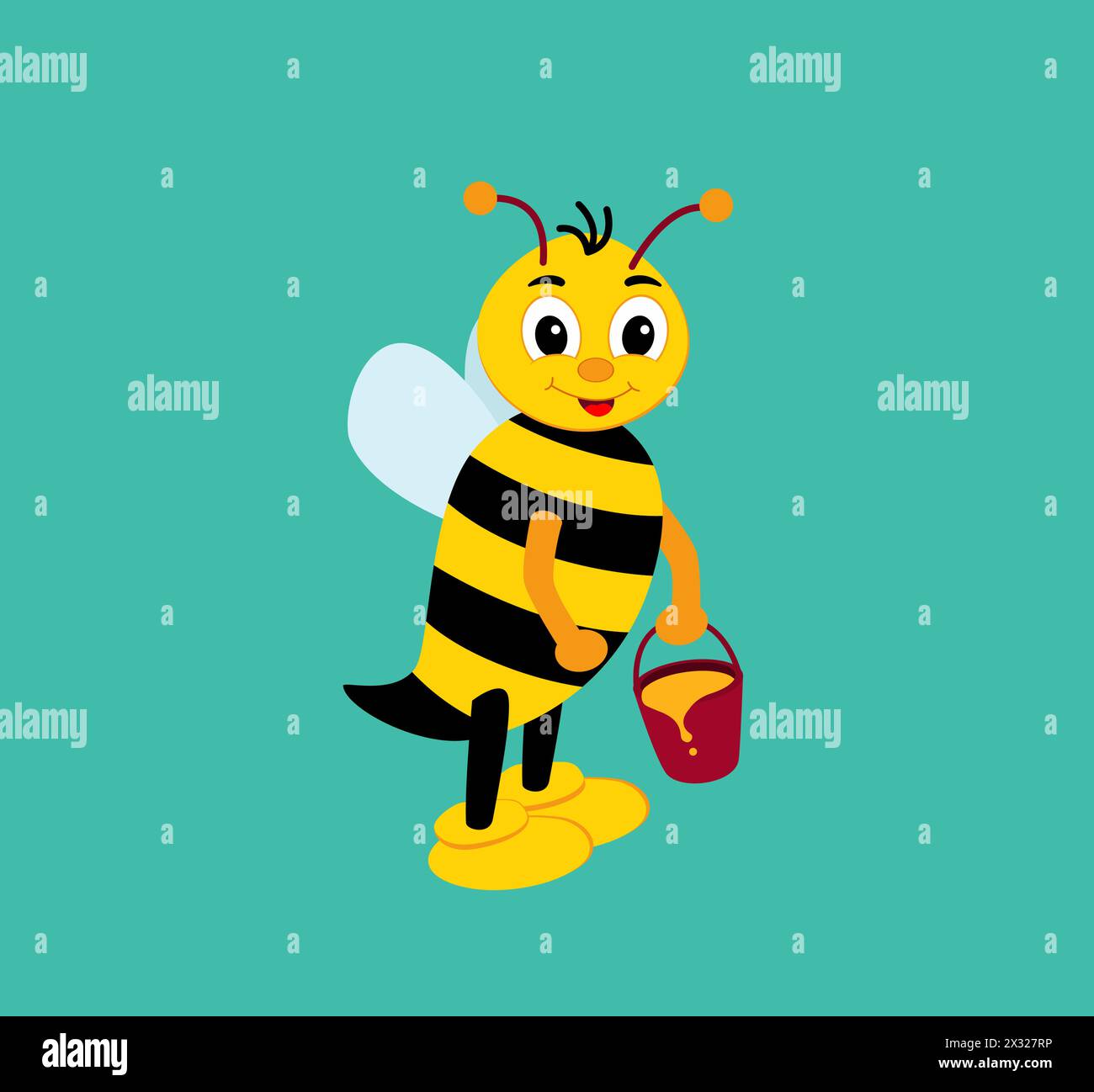 Cute Bee Holding Honey Happy Cartoon Bee Flying With Bucket Of Honey Stock Vector Image And Art