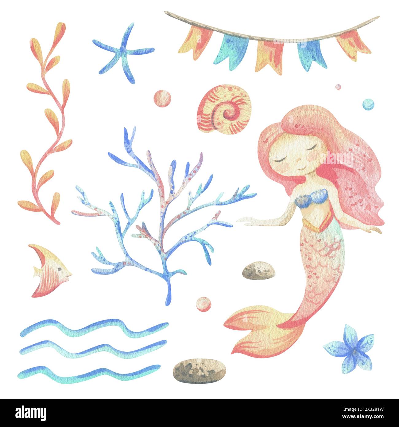 Mermaid is a little girl with fish, seashell, corals, algae, starfish ...