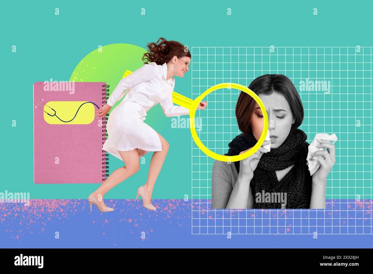 Composite photo collage of happy doc woman run ambulance help covid ...