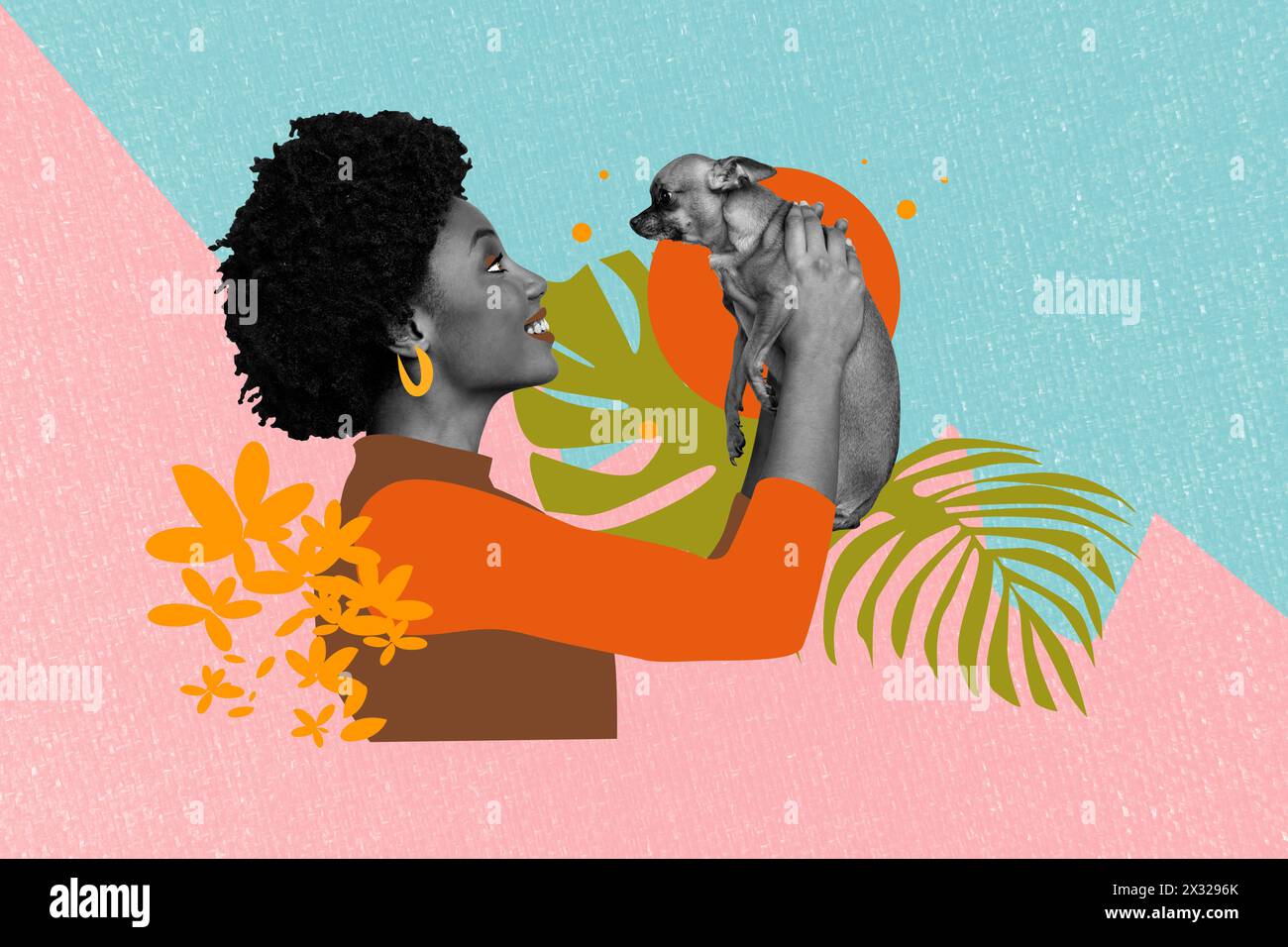 Creative image collage young happy woman hold small dog animal puppy ...