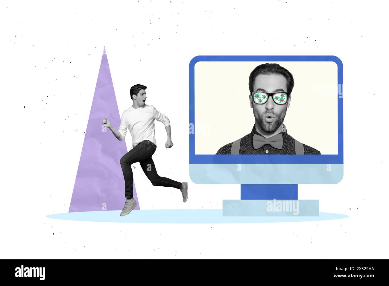 Composite trend artwork sketch collage of young man office manager run away suffer from ill guy ...