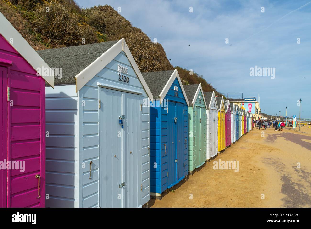West Cliff Beach. Bournemouth, UK - April 12th 2024: Colourful beach ...