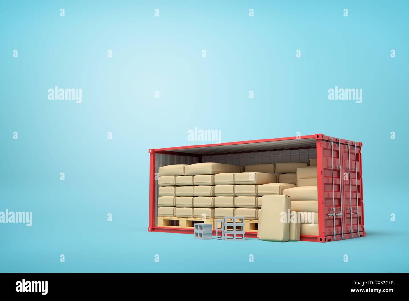 3d rendering of red shipping container filled with packs, bricks and ...