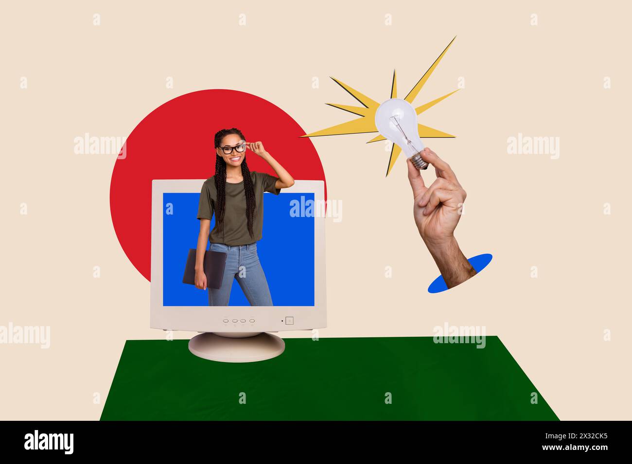 Collage image poster of cheerful successful woman pc monitor hand hold ...