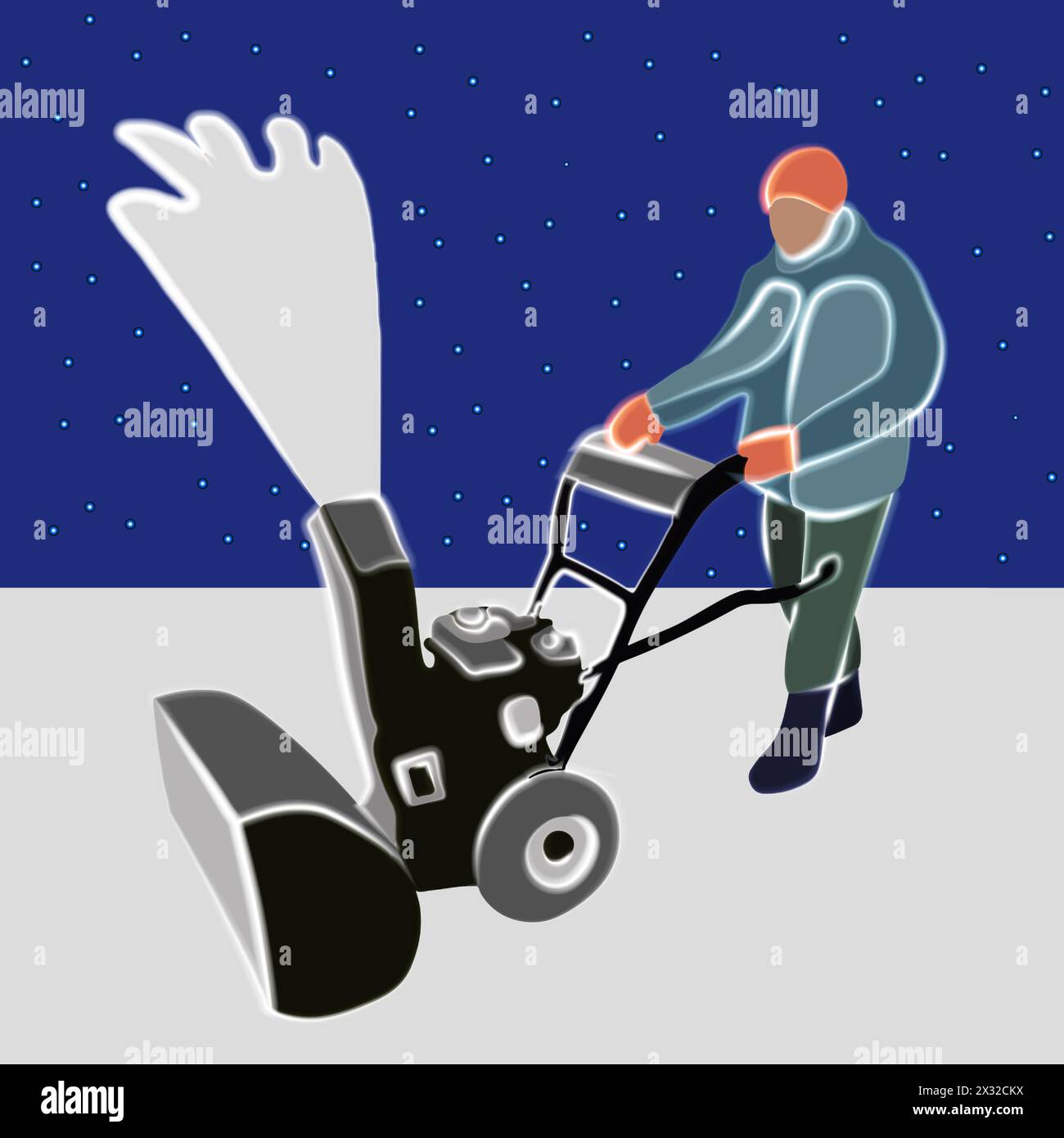 Vector isolated illustration of a man removing snow with a snowplow ...