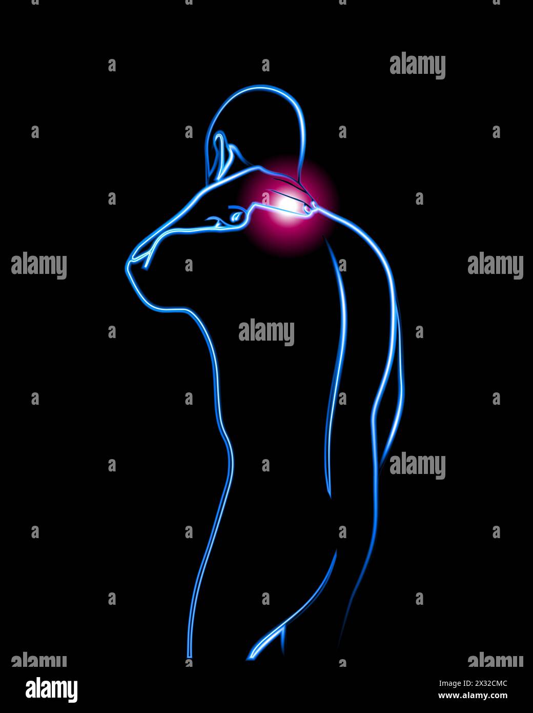 Vector isolated illustration of man with neck pain. Neon outline ...