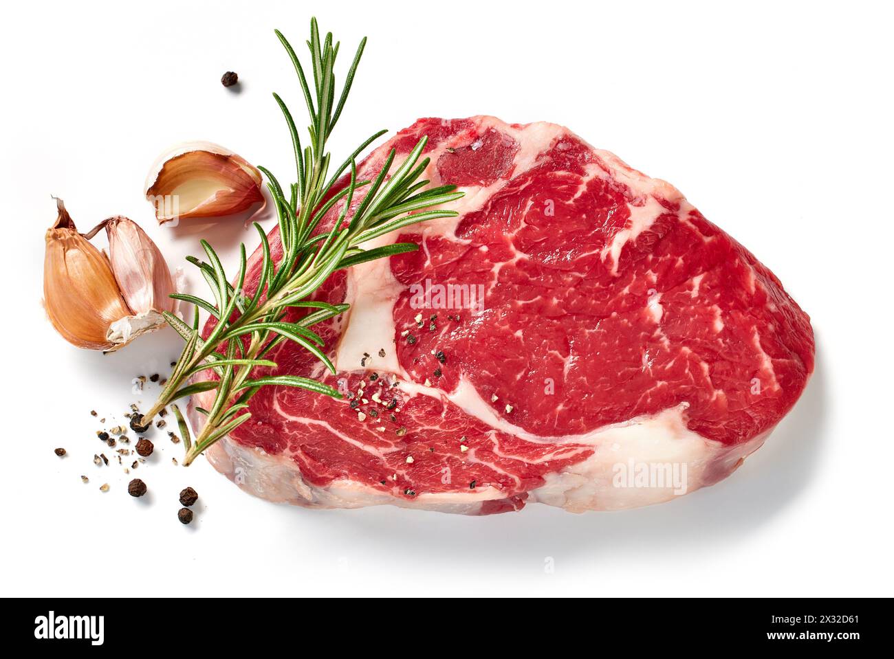fresh raw beef steak meat with spices isolated on white background, top ...