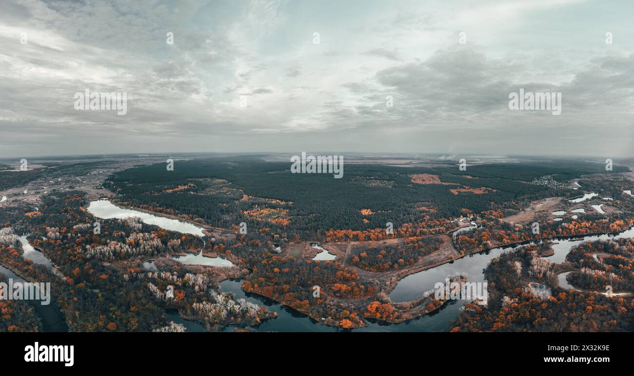Autumn moody aerial panorama of Siverskyi Donets river dale with wooded ...
