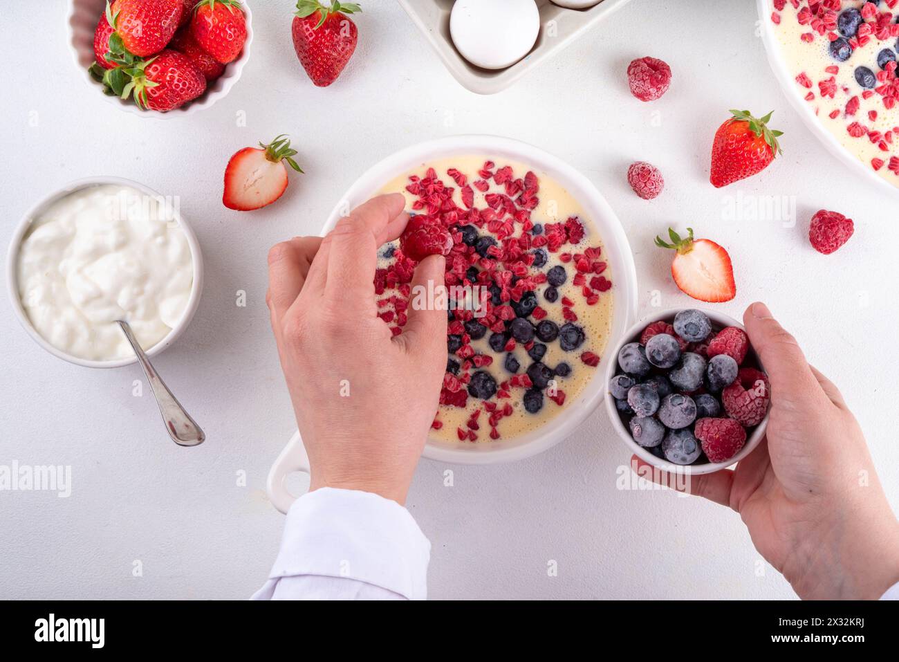 Cooking making baked yogurt healthy dessert. Woman hand cooking oven ...