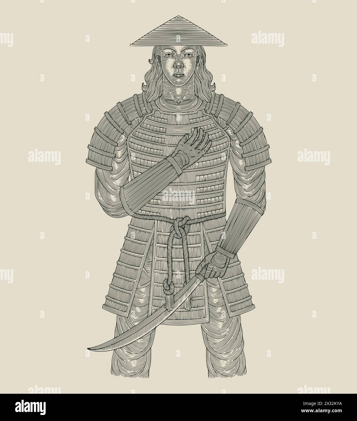 Samurai Warrior Holding sword, Vintage engraving drawing style ...