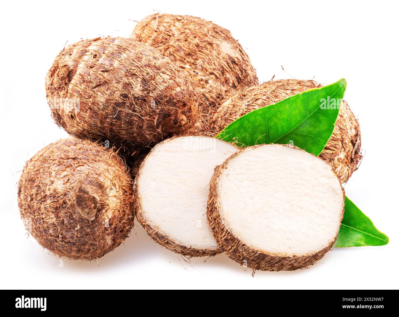 Raw organic eddoe or taro corms with cross cuts isolated on white ...