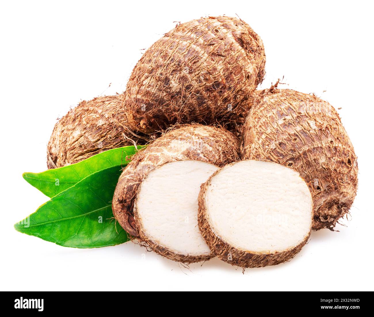 Raw organic eddoe or taro corms and cross slices isolated on white ...