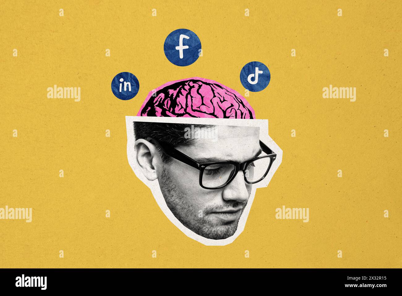 Creative collage human head man smart nerd glasses half brain ...