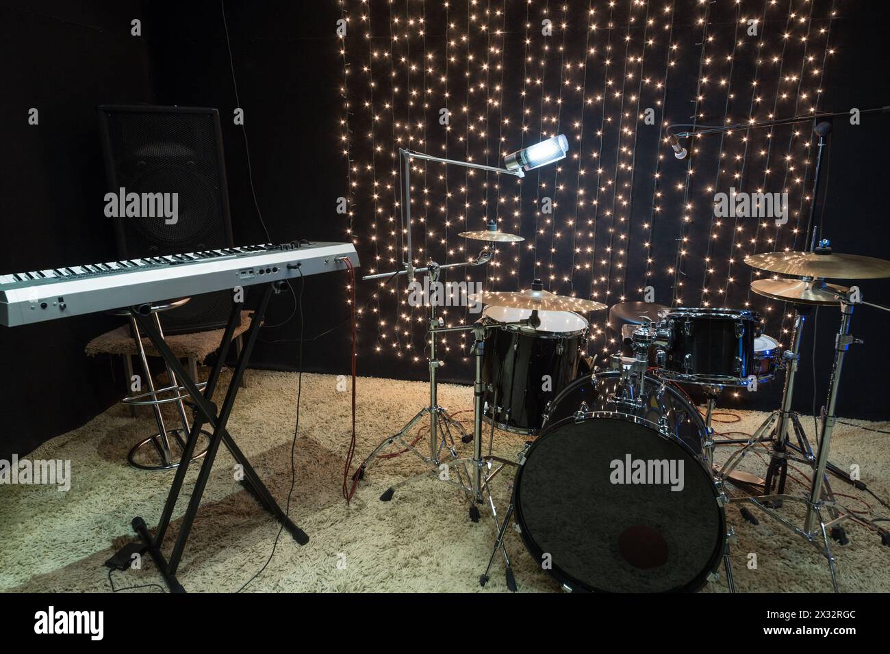 Studio room with keyboard, drum set and record equipment Stock Photo ...