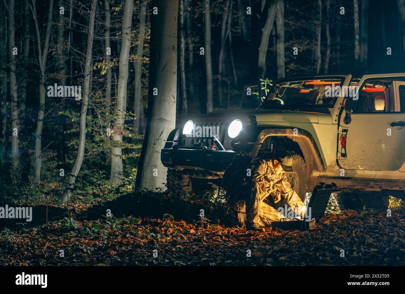 Missing Person Search in a Forest During Late Night Hours Stock Photo ...