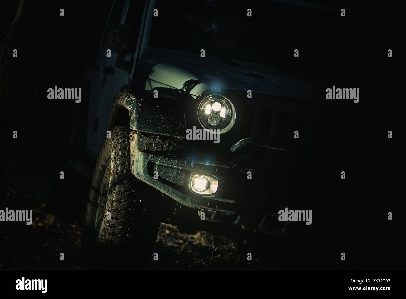 Night Time Off Road Drive. Sport Utility Vehicle Partially Illuminated ...