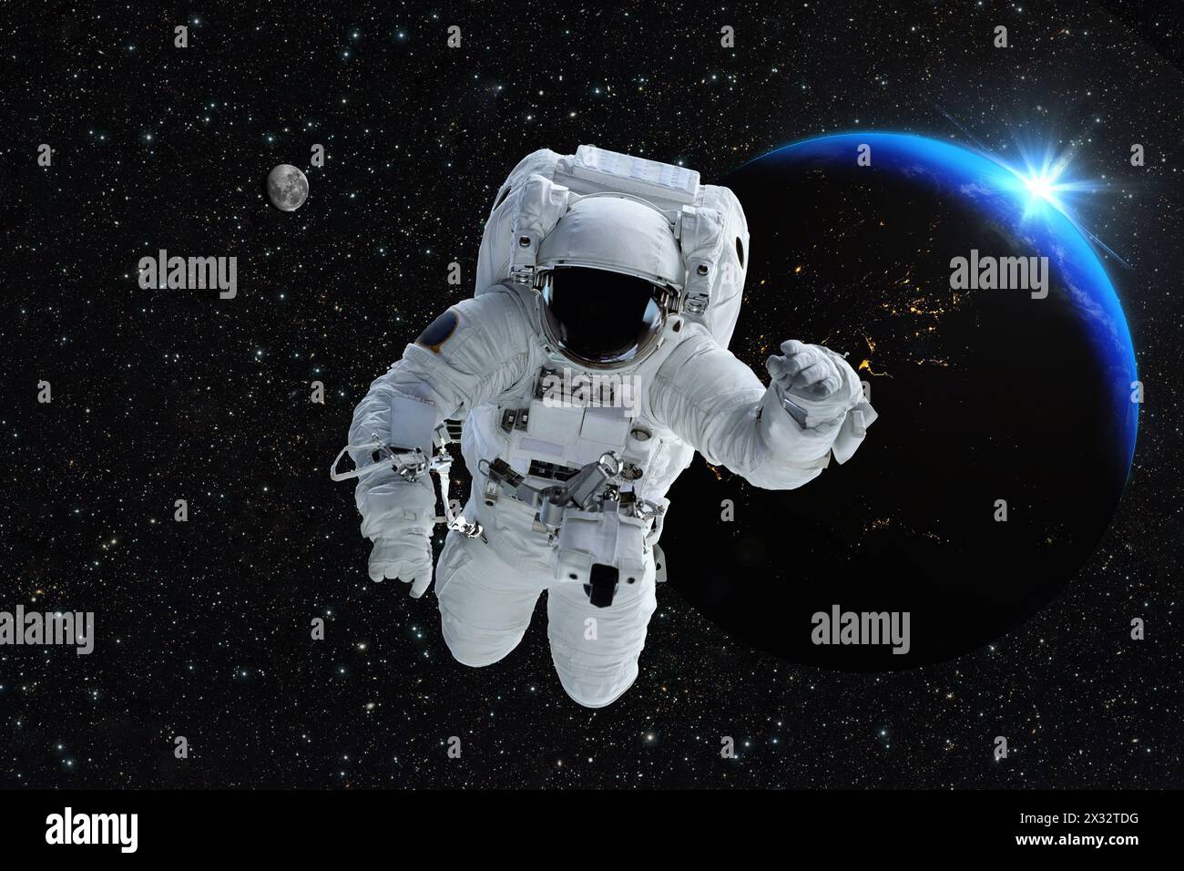 Astronaut Spaceman Outer Space People Planet Earth Moon. Beautiful Blue ...