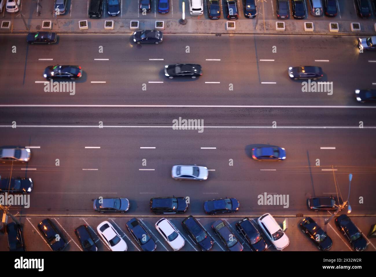 Top view of wide road with markings and lots of cars at night Stock ...