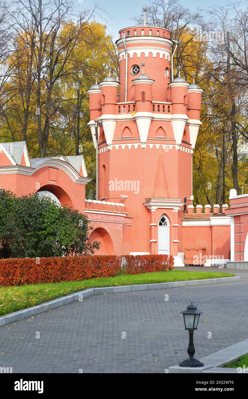 The watchtower of red brick the Petroff Palace in Moscow, which was ...