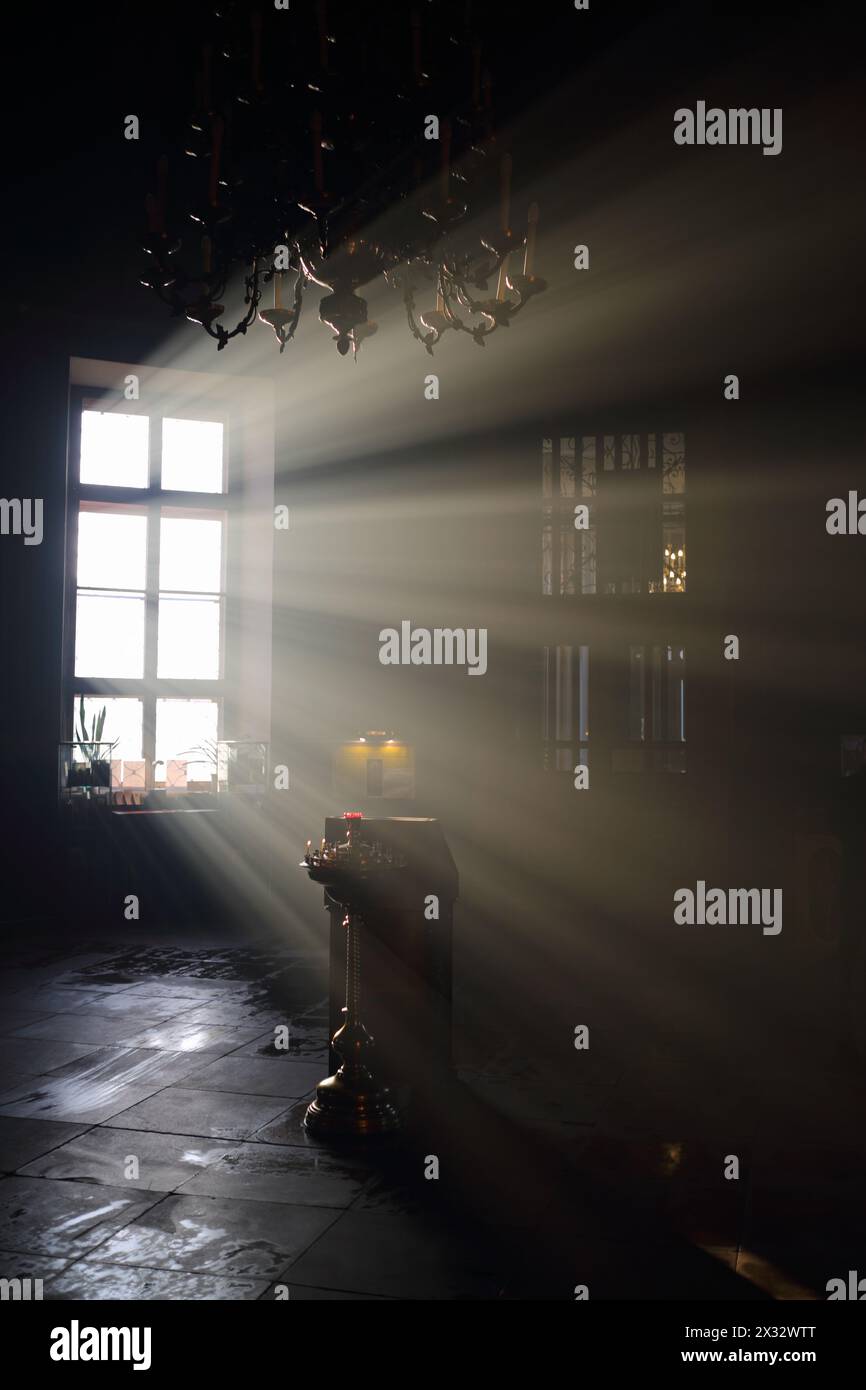 Altar and sunlight in window in dark eastern orthodox temple Stock ...