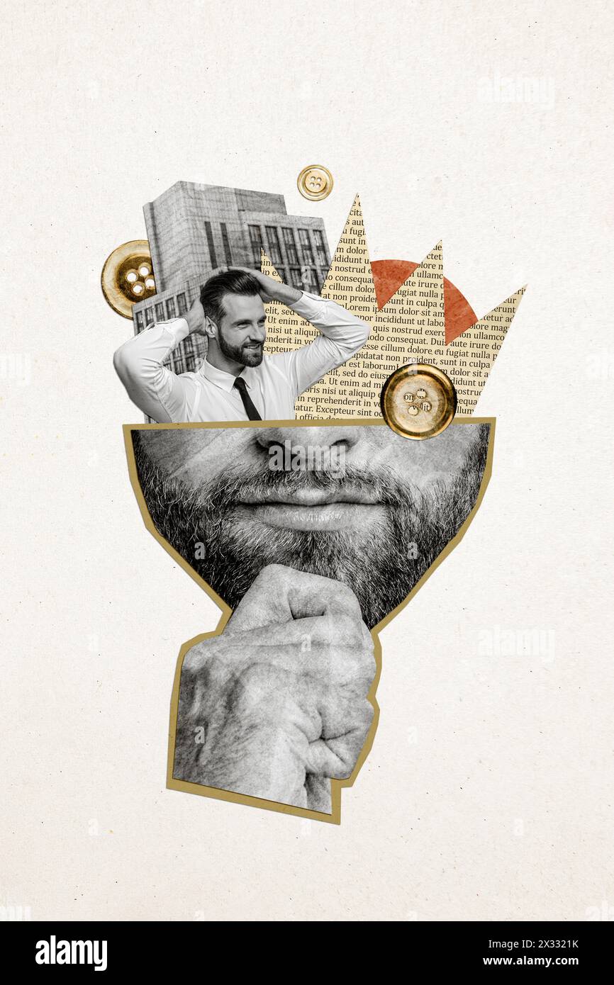 Vertical picture collage young man face beard decide hmm guessing ...