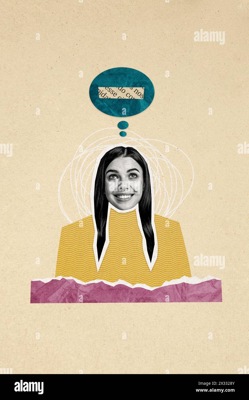 Vertical image collage young cheerful girl dreamy imagination think ...