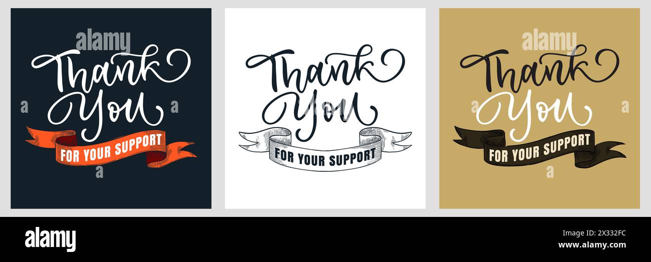 Thank you for your support, cards set. Hand drawn calligraphy lettering ...