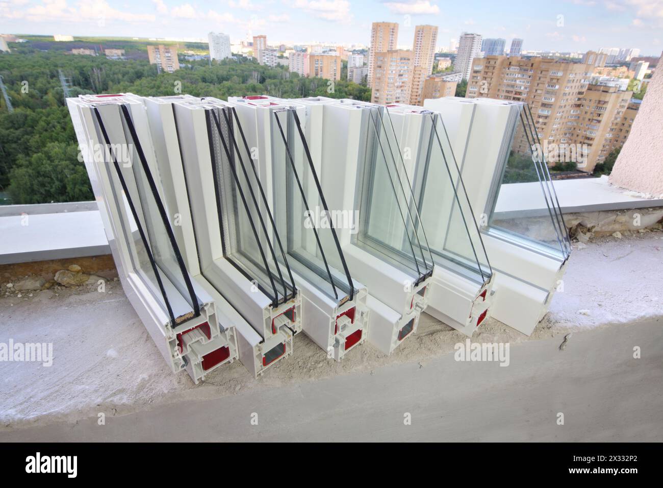 Window aperture with six PVC window sample on the window sill Stock ...