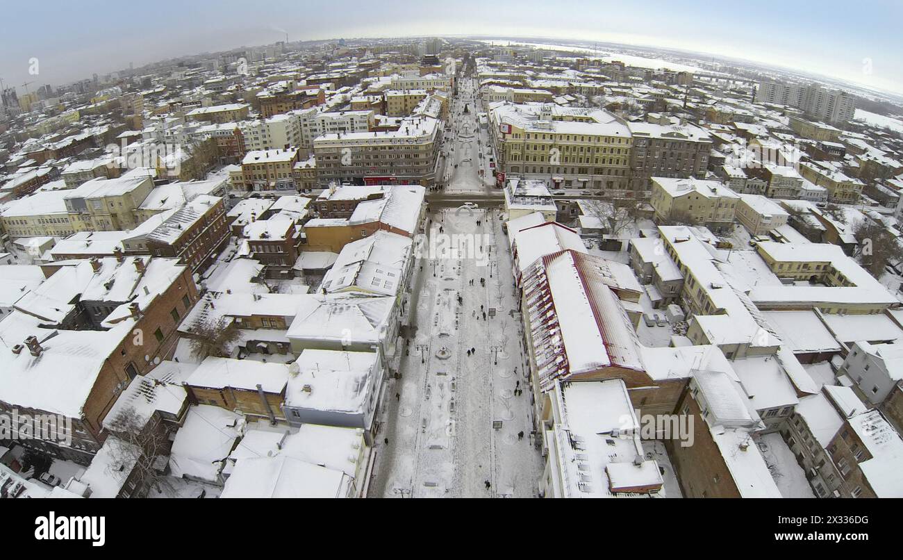 Aerial view to pedestrianized street between residential and commercial ...