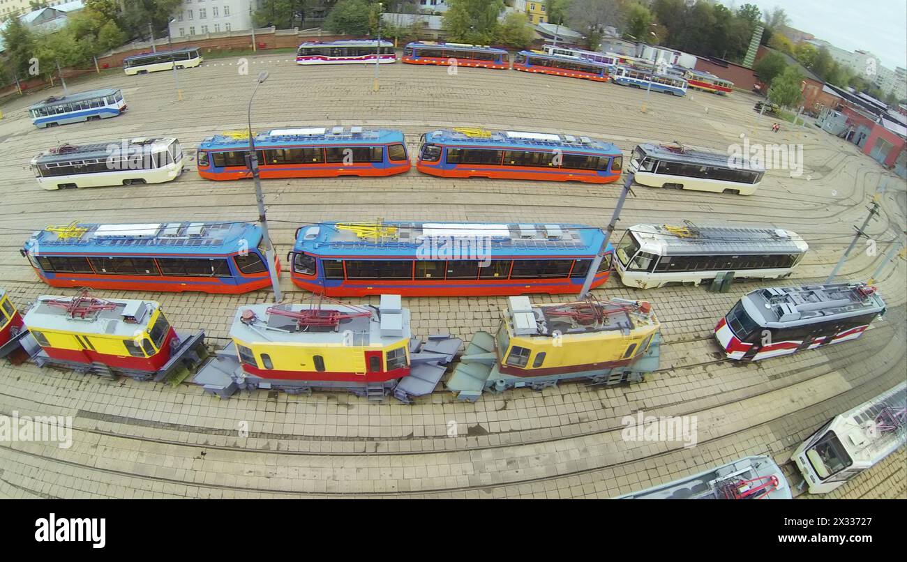 Top view of trams wagons in depot. View from unmanned quadrocopter ...