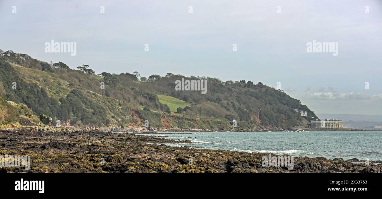 View over Sandways Beach to Mount Edgcumbe Park and Pilkington Fort ...