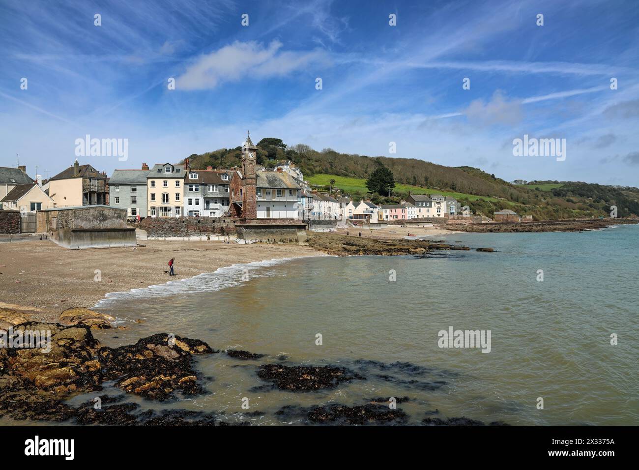 Kingsand Institute with clock tower in the centre of a coastal shot ...