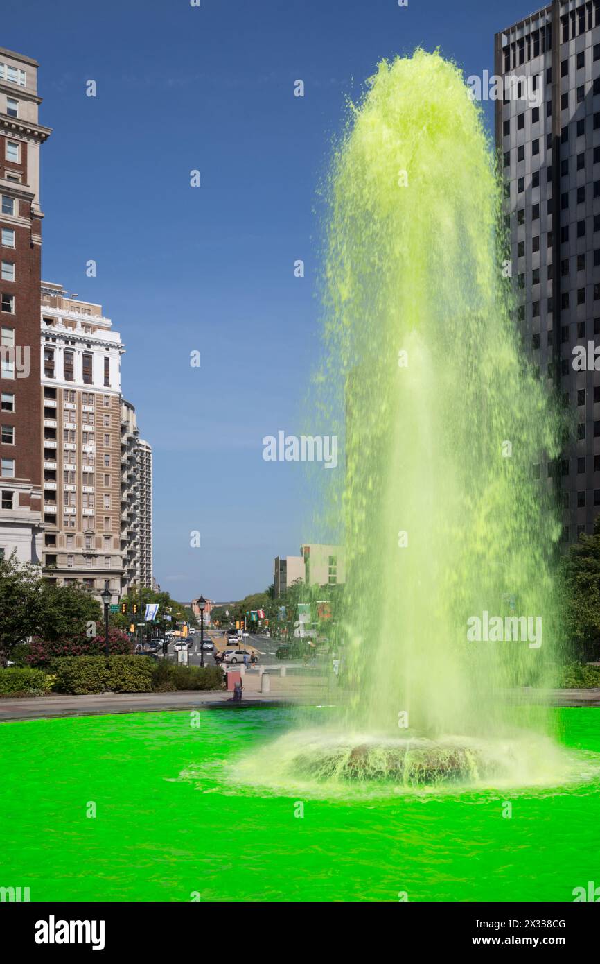 USA, PHILADELPHIA - SEP 02, 2014: Close-up view of green color fountain ...