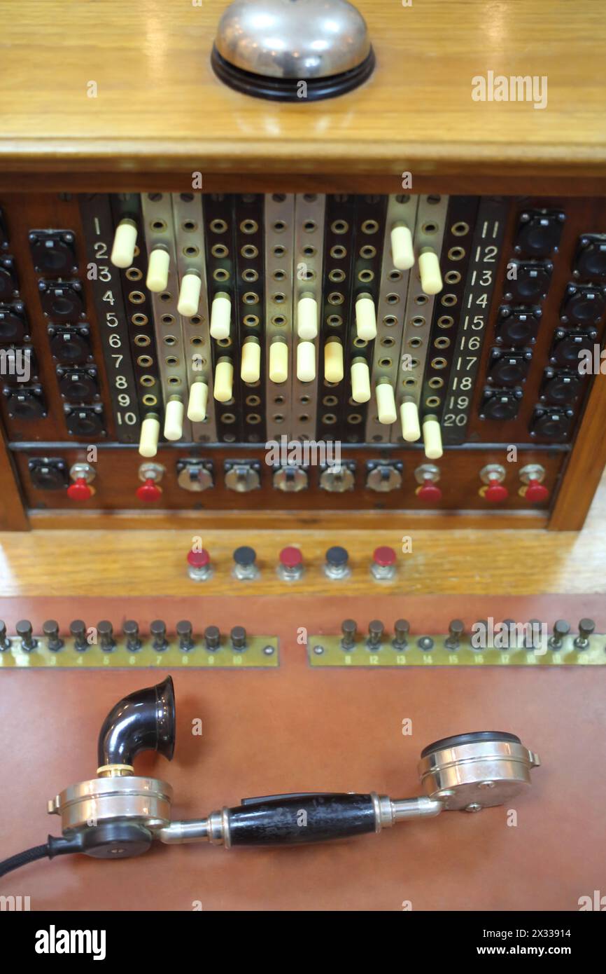 MOSCOW - APR 05, 2014: Old telephone switchboard with handset in the ...