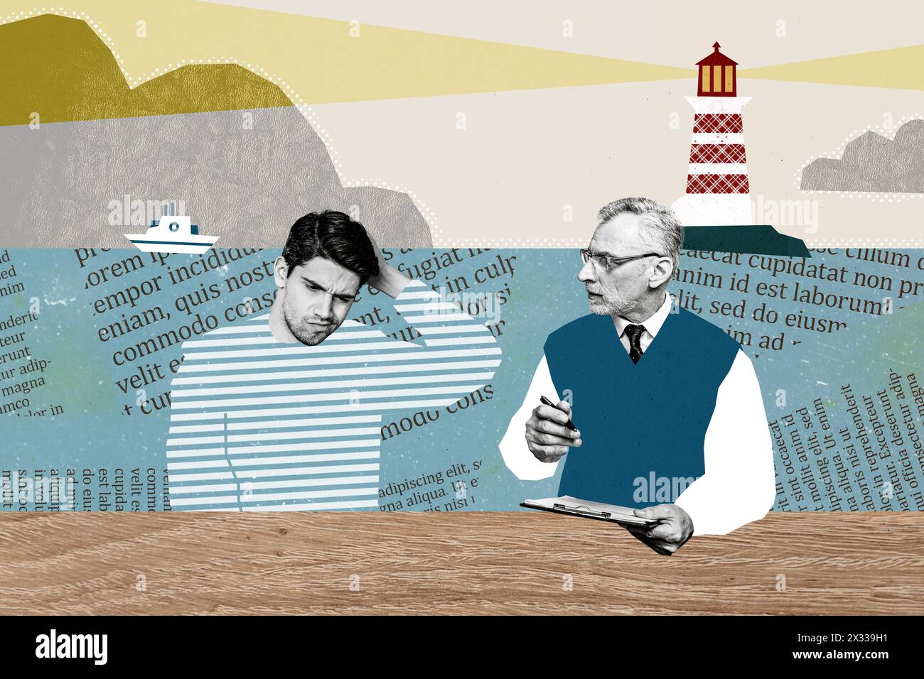 Composite photo collage of sad young sailor sit table old captain man ...