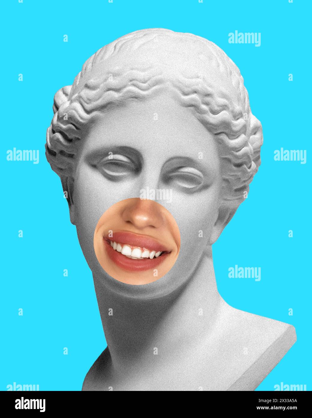 Female plaster statue bust with female mouth photo element, smiling, on ...