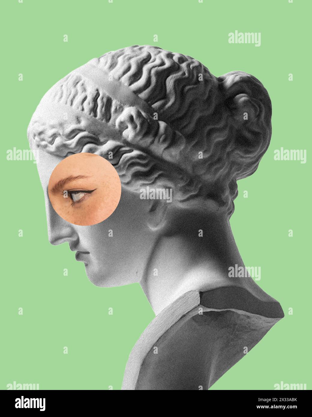 Profile of antique statue bust with human eye photo element on green ...