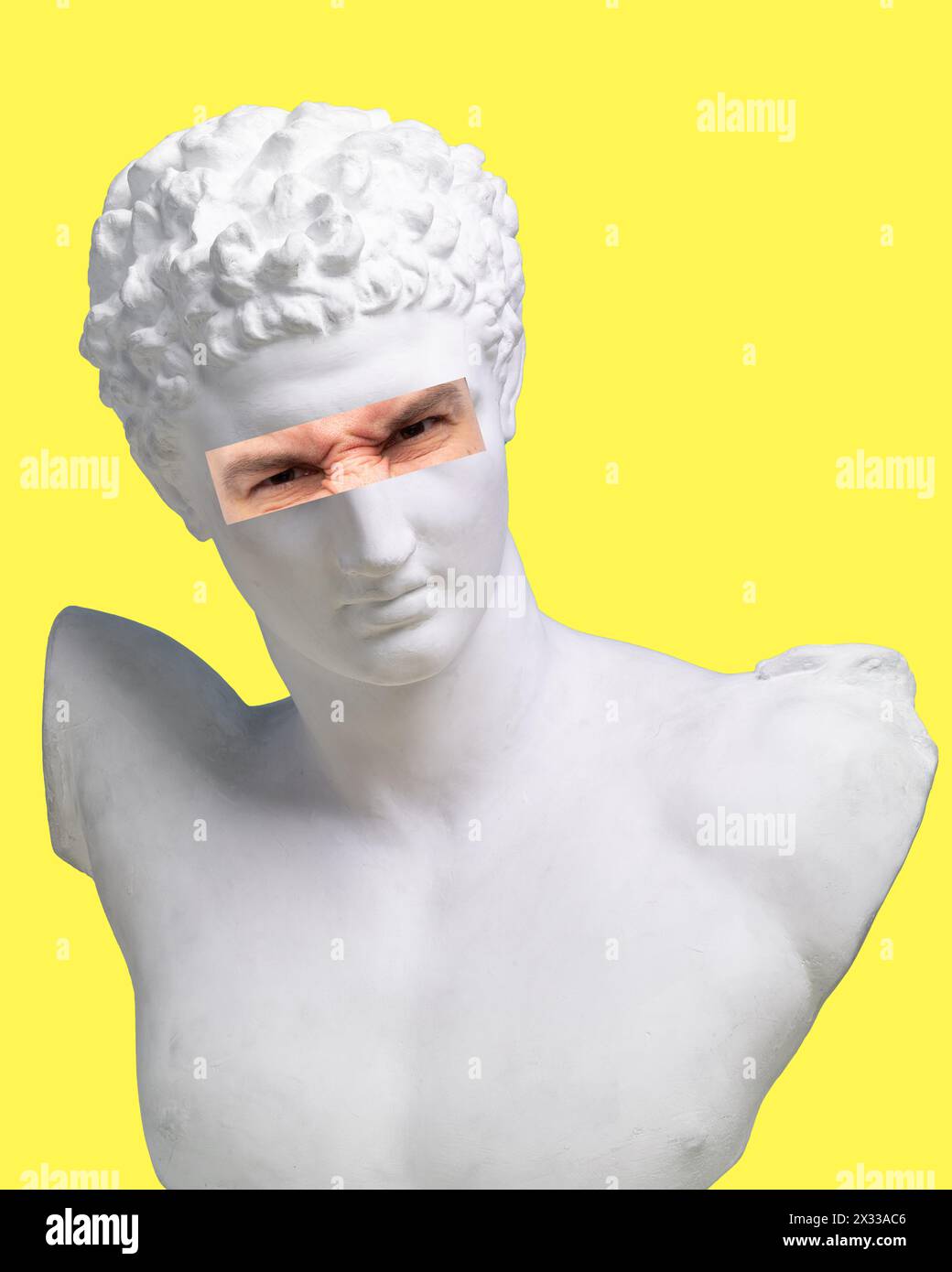 Antique statue bust with male angry eyes photo element on yellow ...