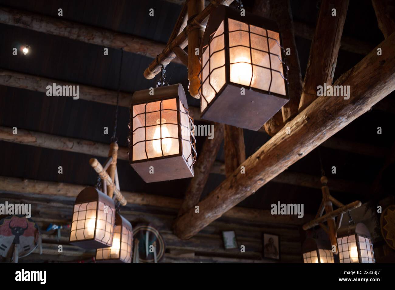 Old lantern are hanging under the ceiling with beam Stock Photo - Alamy