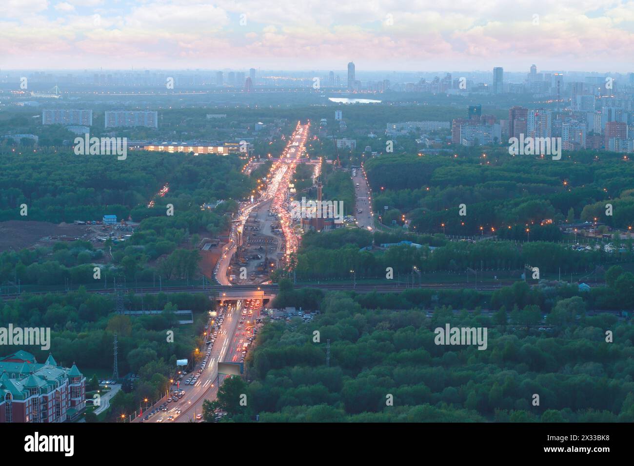 city view of underground construction, railroad tracks, highways with ...