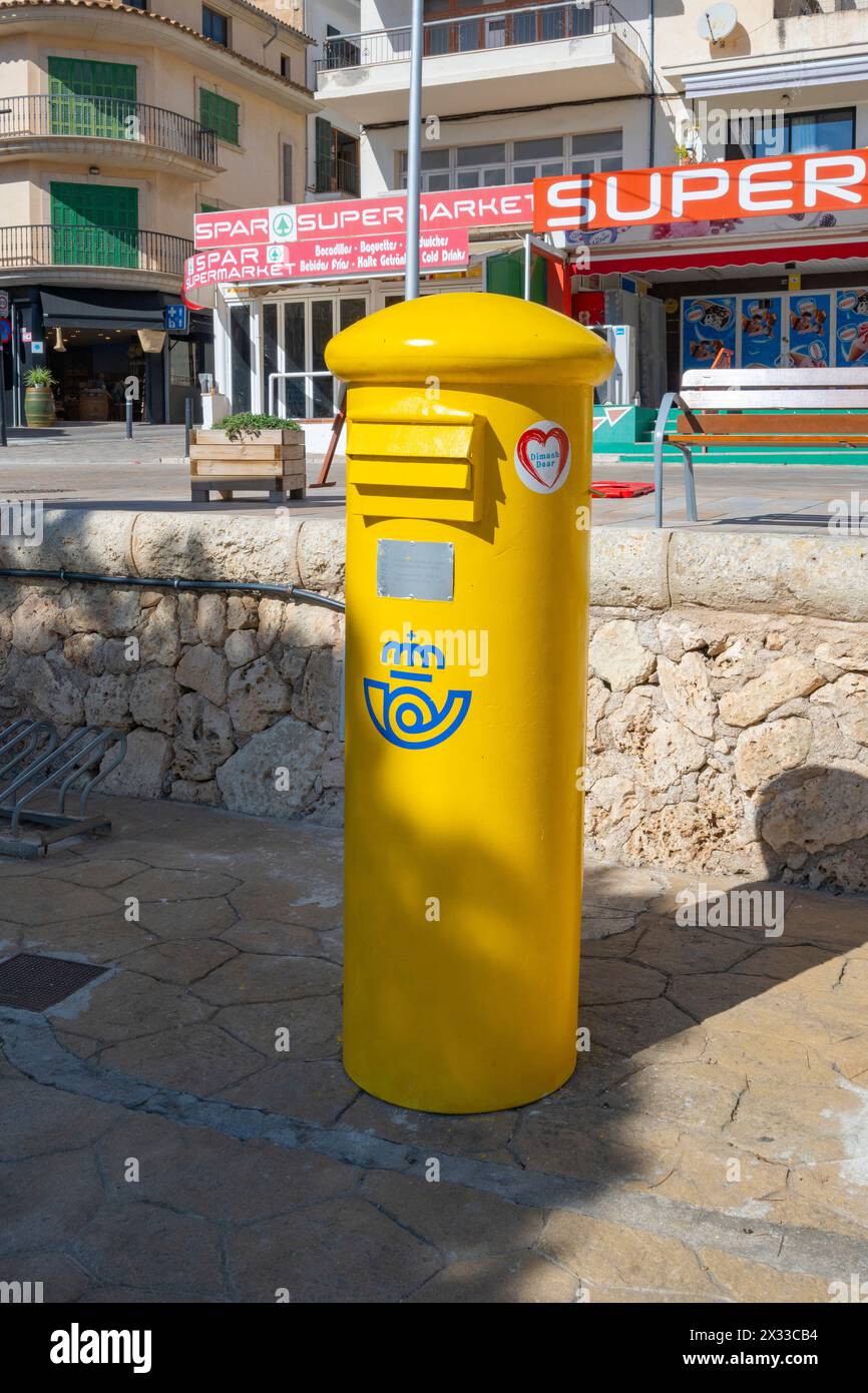 Porto Cristo, Balearic Islands, Spain, Yellow letter box in the street ...