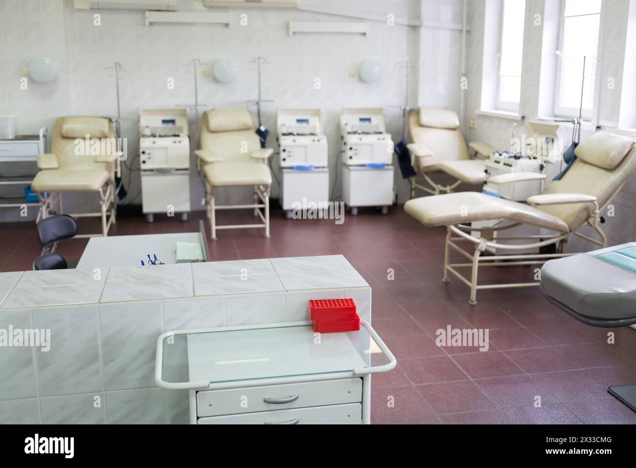 blood bank laboratory with Plasma Collection Systems and medical chairs ...