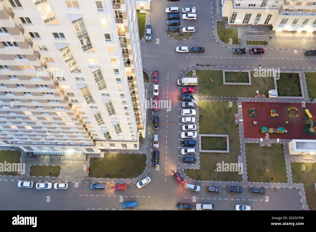 Courtyard of multistory apartment house from bird-eye view Stock Photo ...