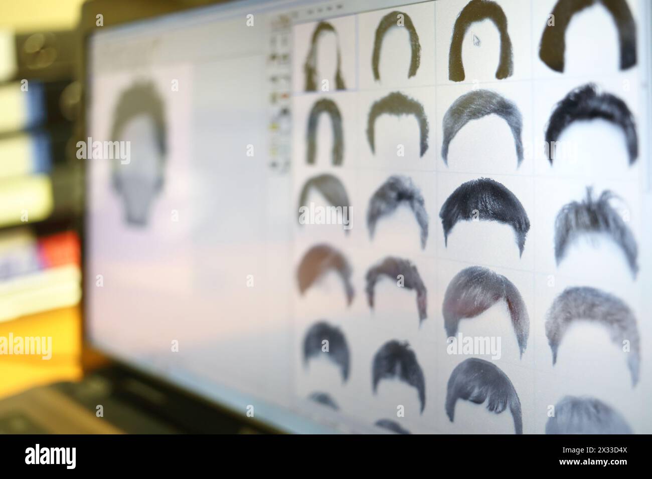 Examples of different hair for identikit on display Stock Photo - Alamy
