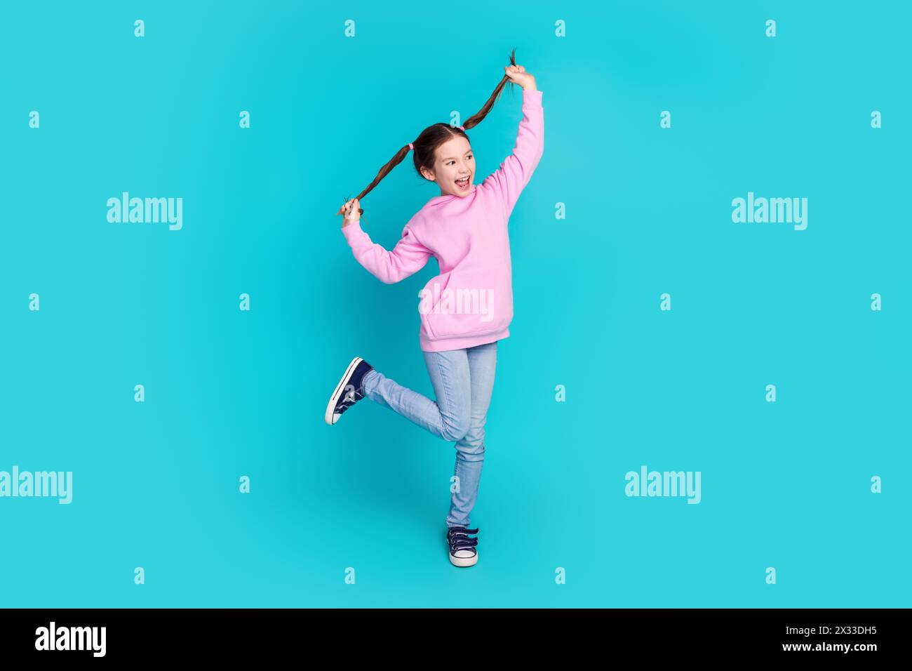 Full body photo of cute little girl dance pull tails dressed stylish ...