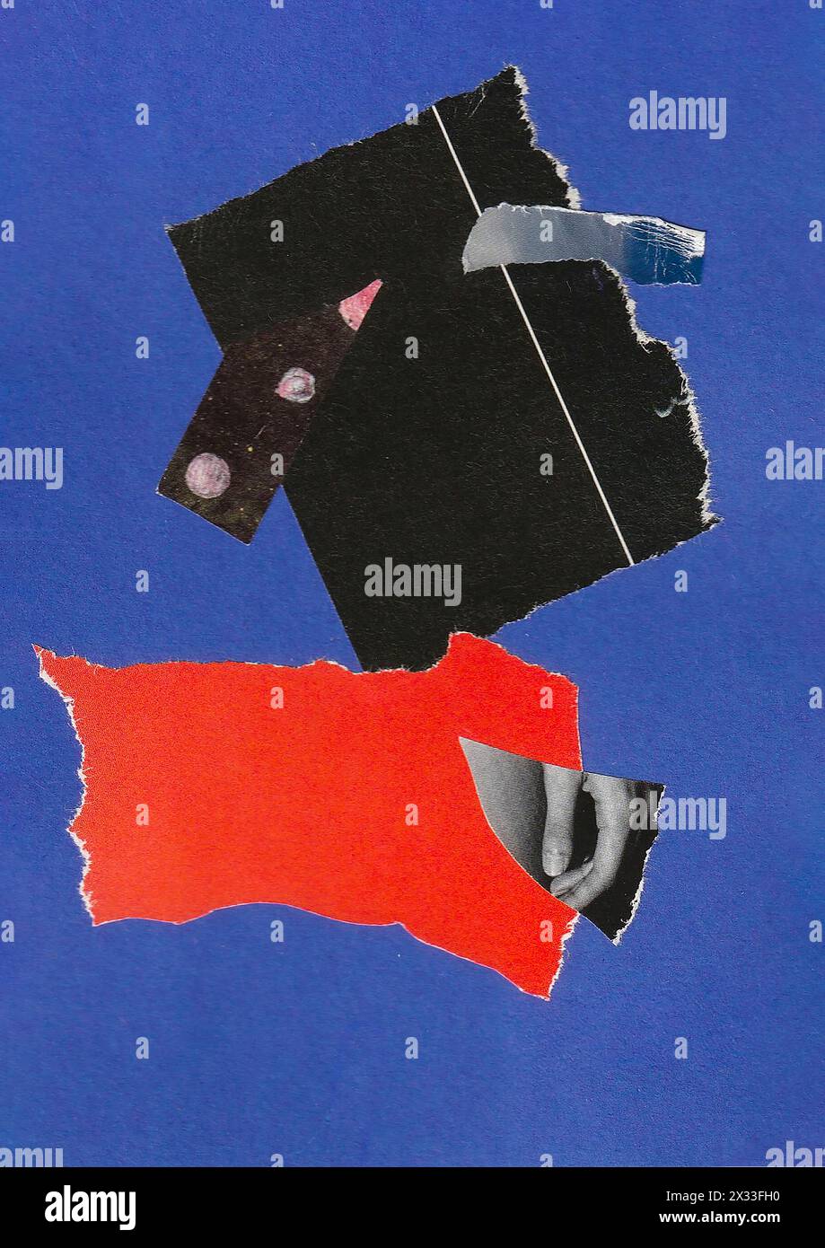 modern collage on a blue background with strips of photos of a brush ...