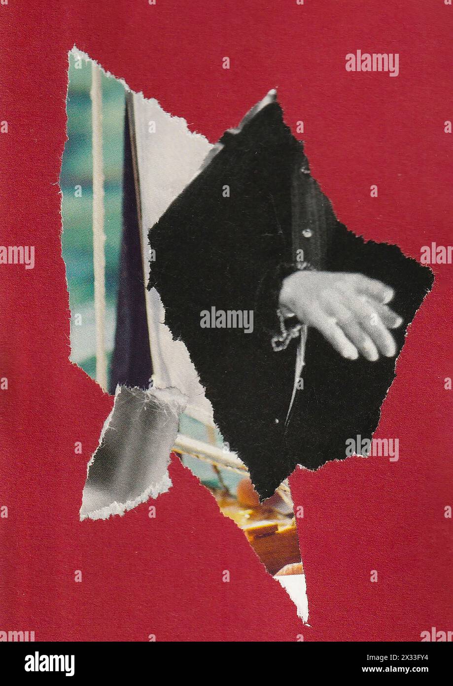 collage on the subject of hands. Part of a hand on a red background ...