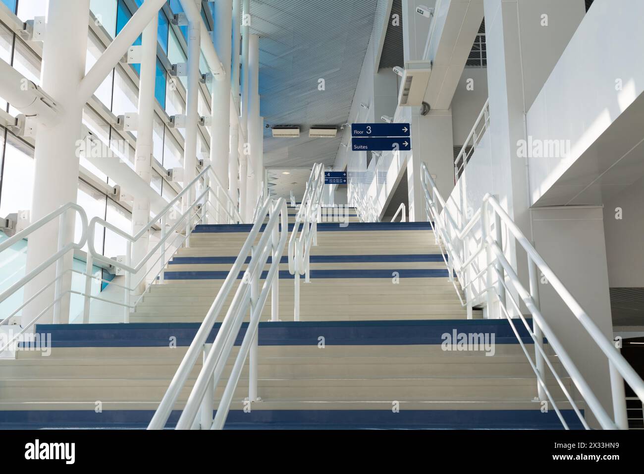 ADLER, RUSSIA - JULY 29, 2014: wide white and blue staircase in Iceberg ...