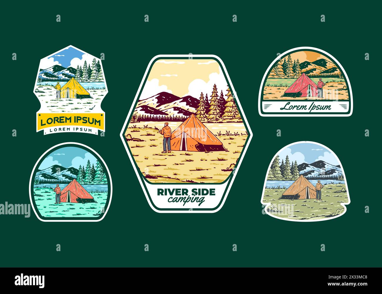 River side camping. Vintage outdoor illustration badge design Stock ...