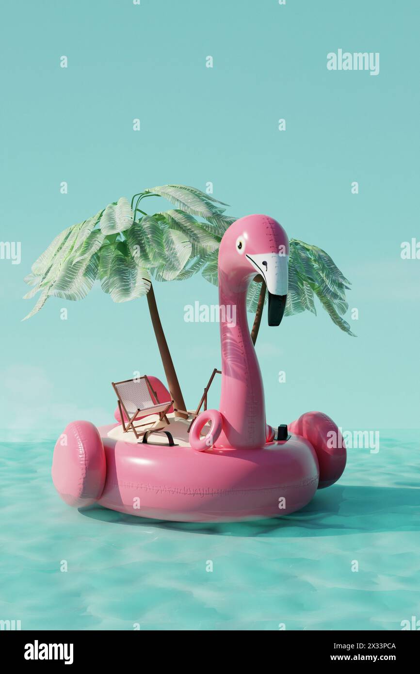 Summer tropical island with beach chairs, palms, and sun accessories on ...